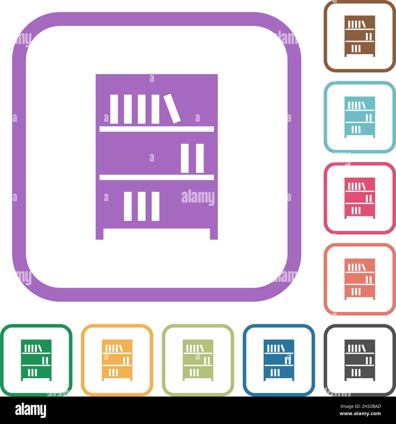 Bookshelf with books solid simple icons in color rounded square frames ...