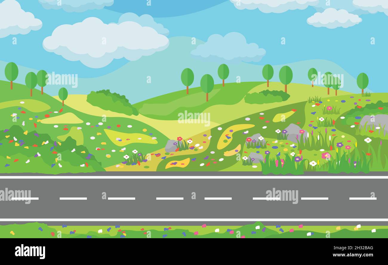 Straight asphalt road through the countryside with beautiful flower ...