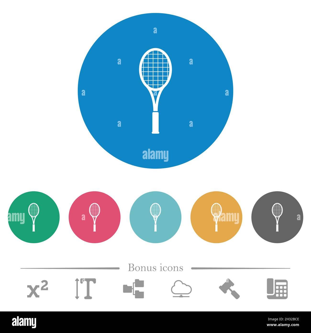 Single tennis racket flat white icons on round color backgrounds. 6 ...