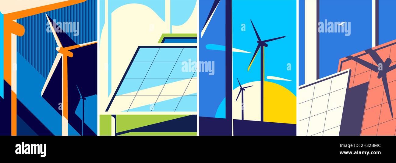 Set of posters with alternative energy sources. Placard designs in flat ...