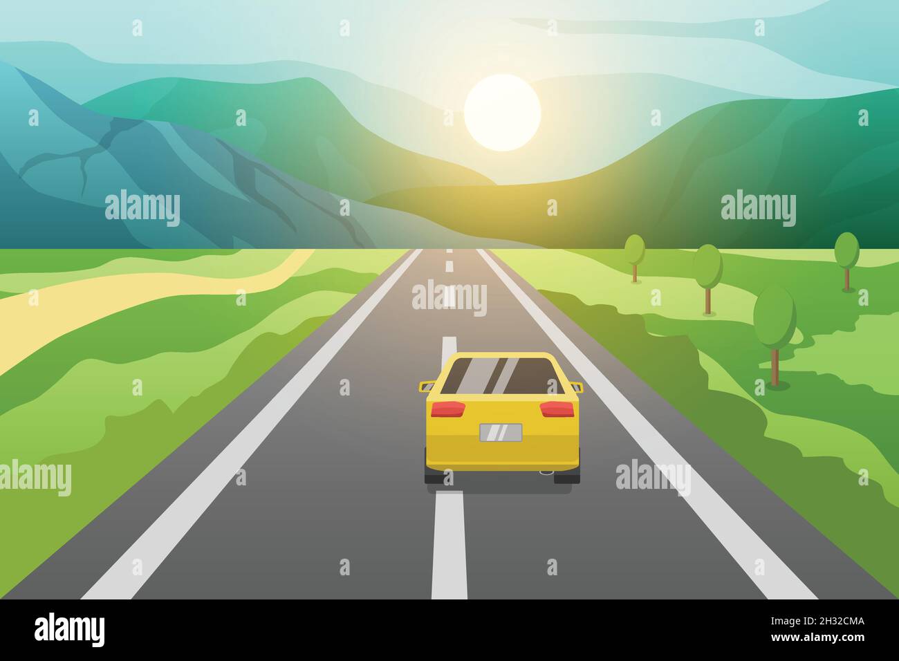 Car run on rural asphalt road under beautiful sunlight. vector ...