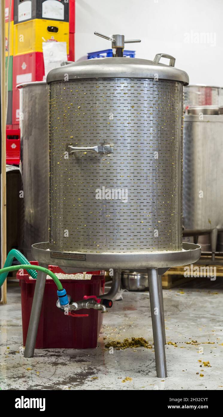 Vertical shot of a winemaking process with pressing the grapes and ...
