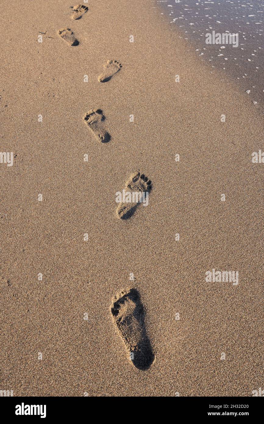 Footsteps in the sand on the beach, vertical Stock Photo - Alamy