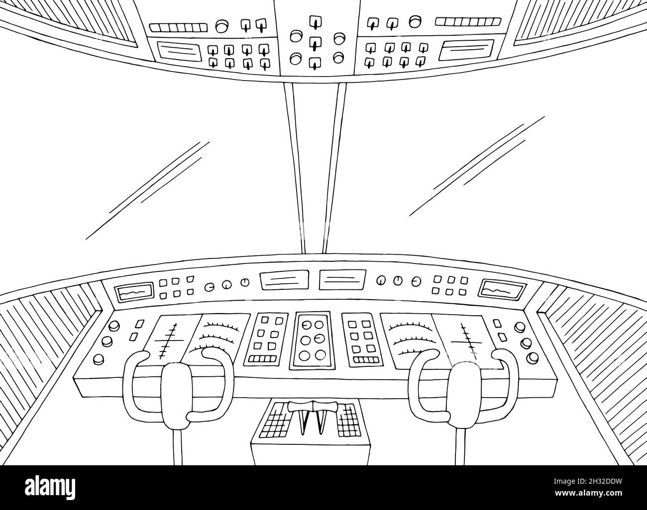 Aircraft cabin interior graphic black white sketch illustration vector ...