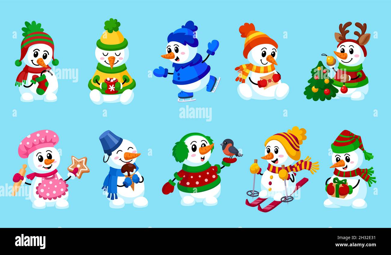 Cartoon snowman. Happy snowmen collection, snow winter characters in ...