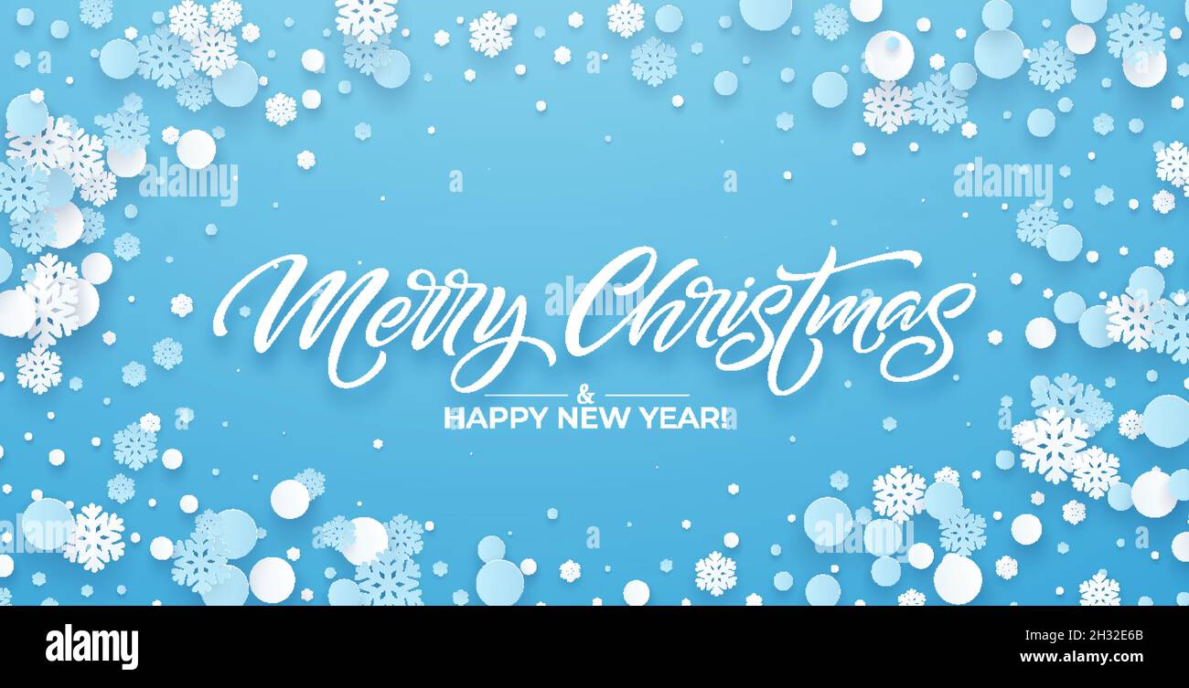 Festive blue Christmas background with paper snowflakes. Christmas ...