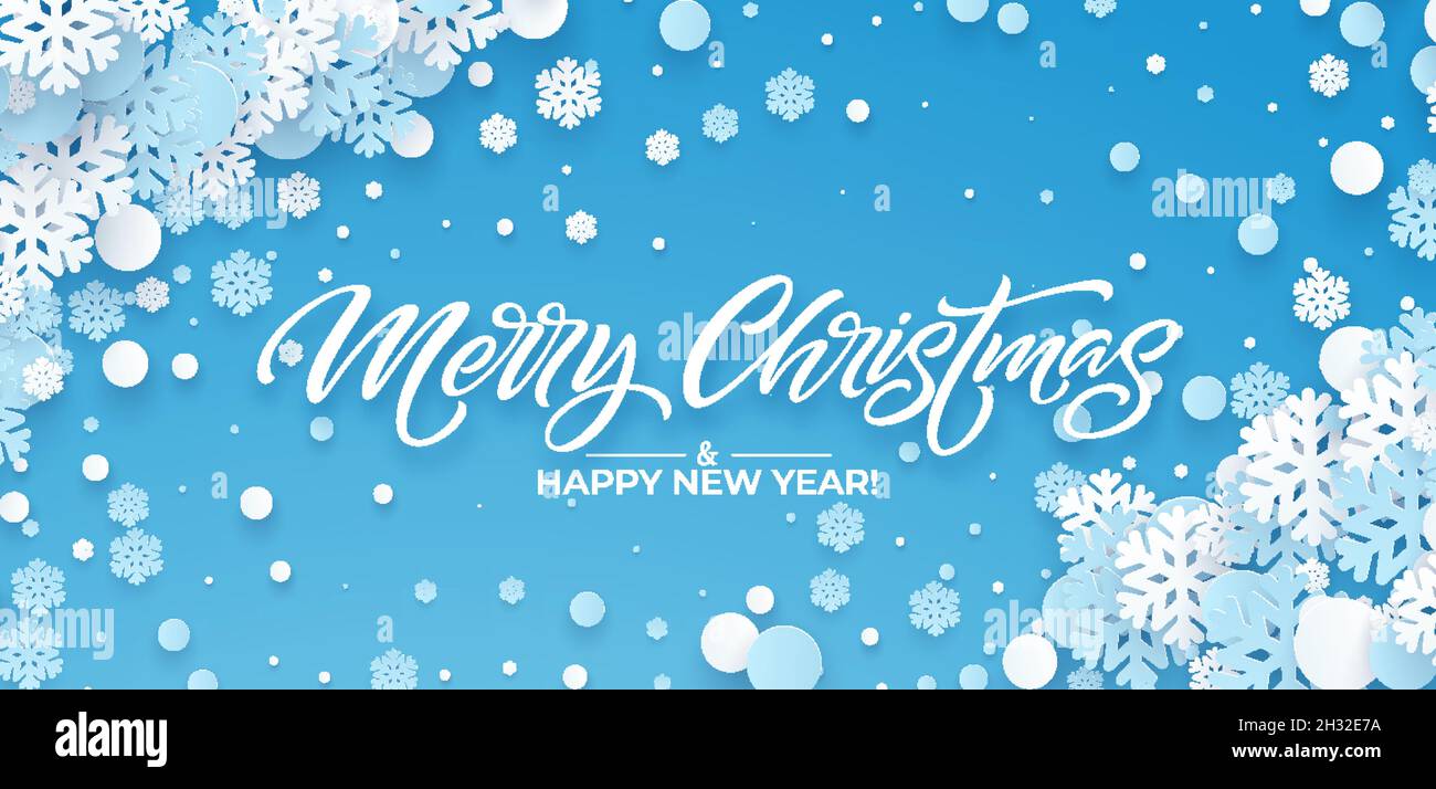 Festive blue Christmas background with paper snowflakes. Christmas ...