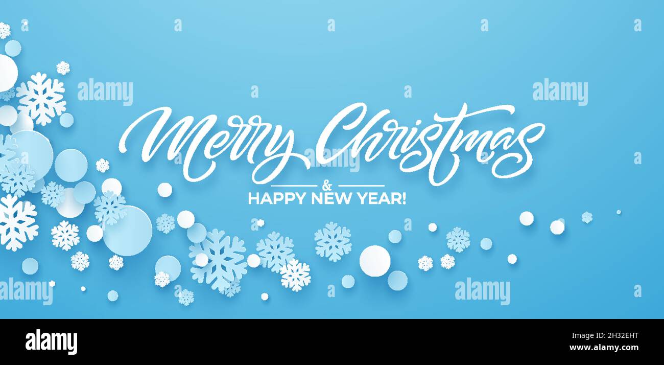 Festive blue Christmas background with paper snowflakes. Christmas ...