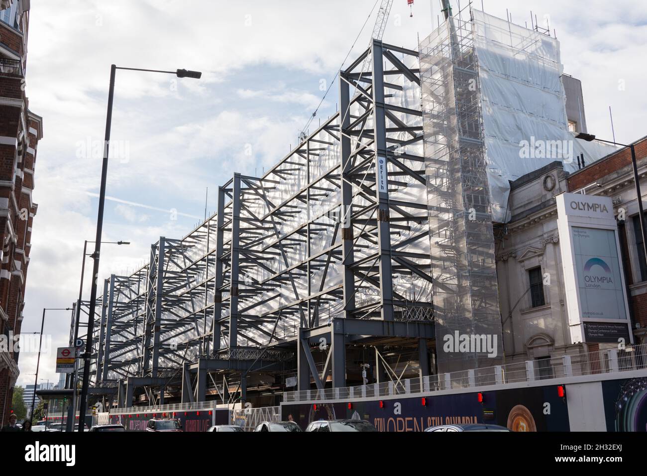 Scaffolding surrounding the redevelopment of the London Olympia ...
