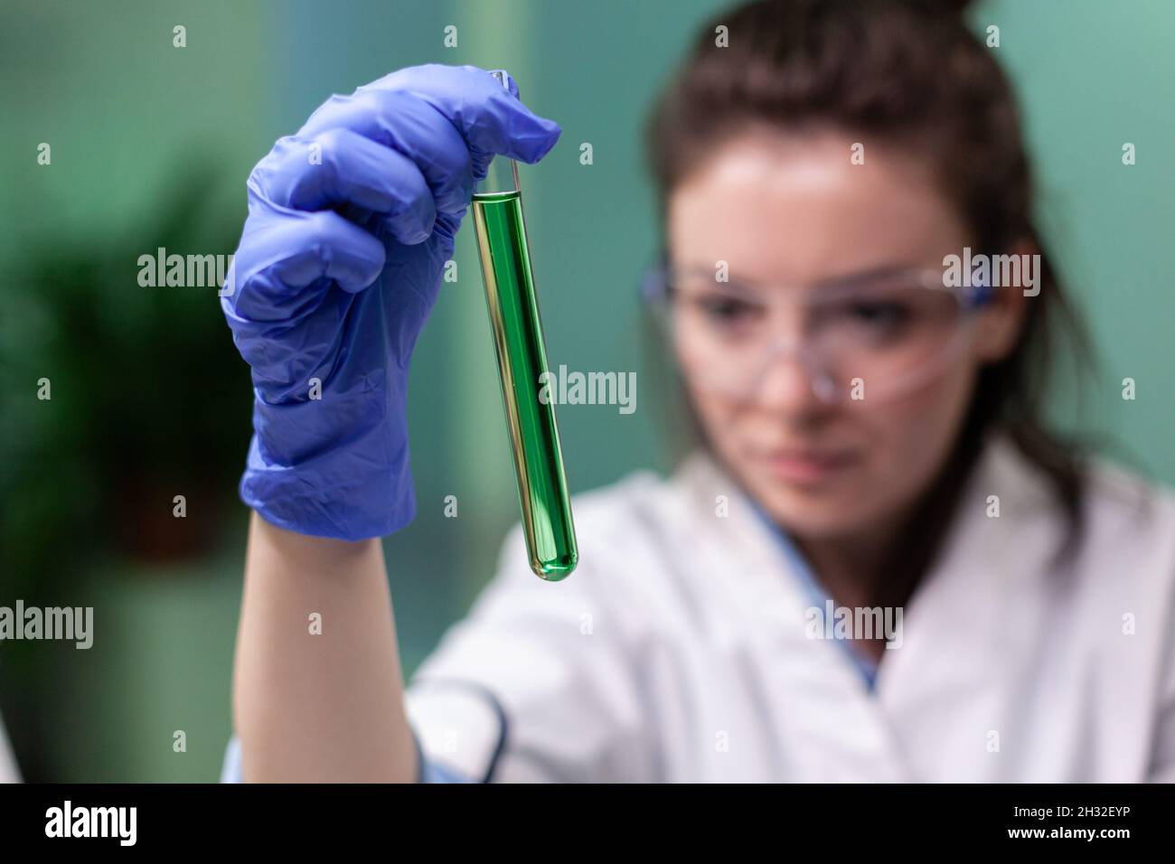 Portrait of biologist researcher looking at medical test tube with ...