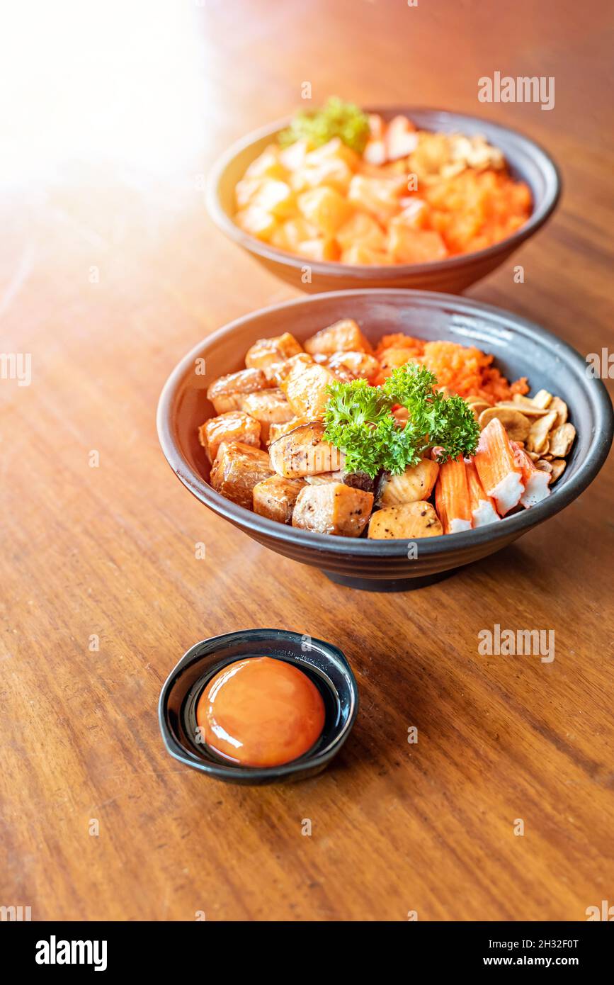 salmon fish fillet with roe and vegetables , japanese style seafood ...