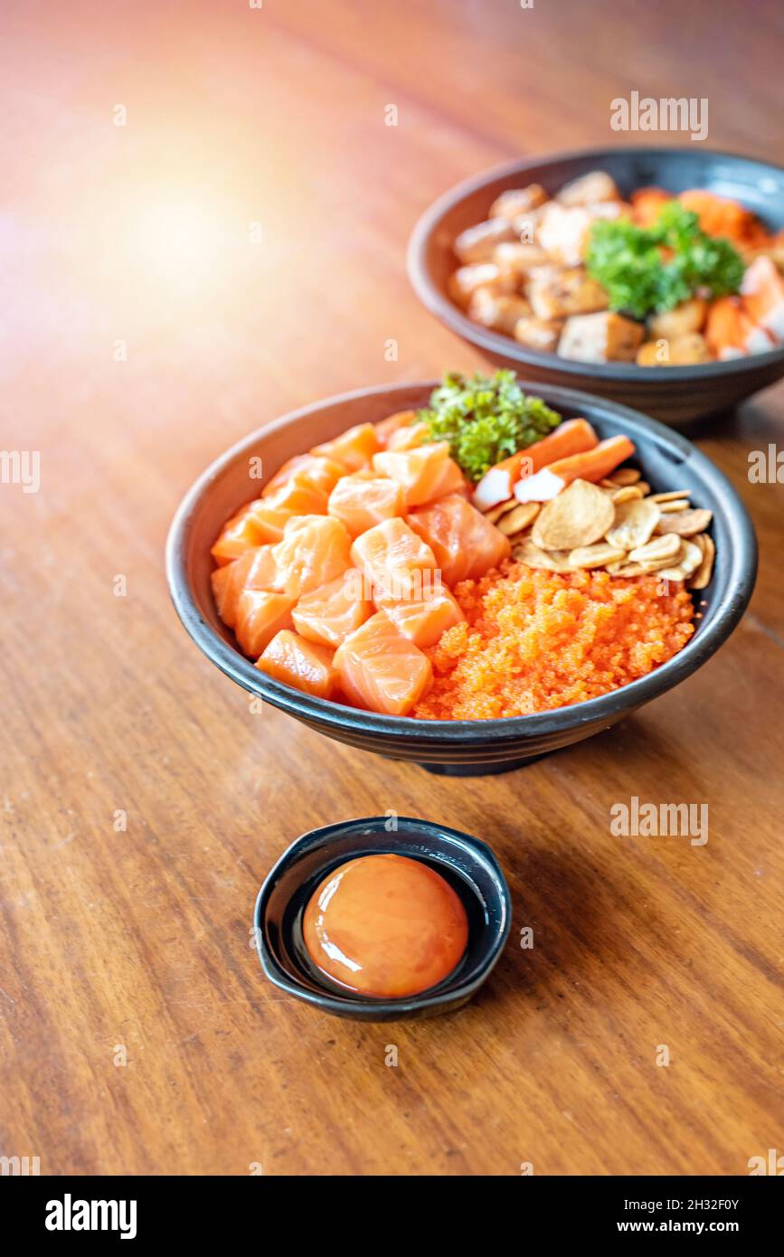 salmon fish fillet with roe and vegetables , japanese style seafood ...