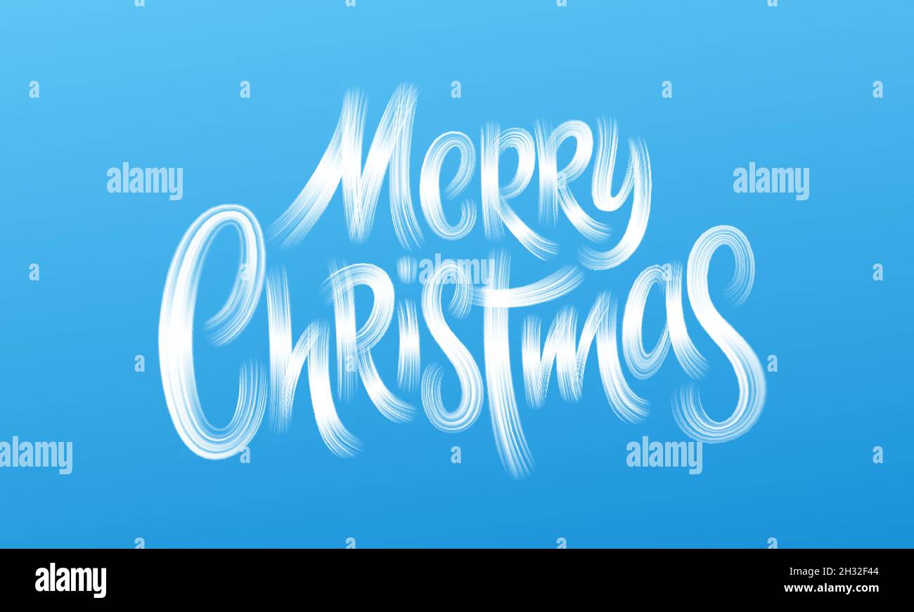 Merry Christmas Handwriting Lettering.White frosted letters on a blue ...