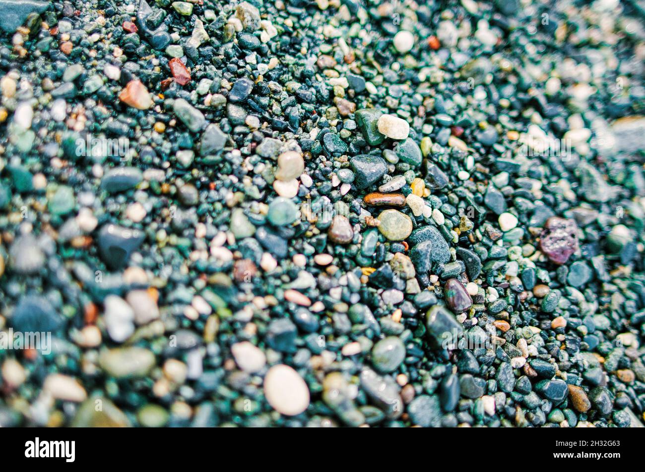Colorful wet sea pebbles on the shore close up. Top view, flat lay ...