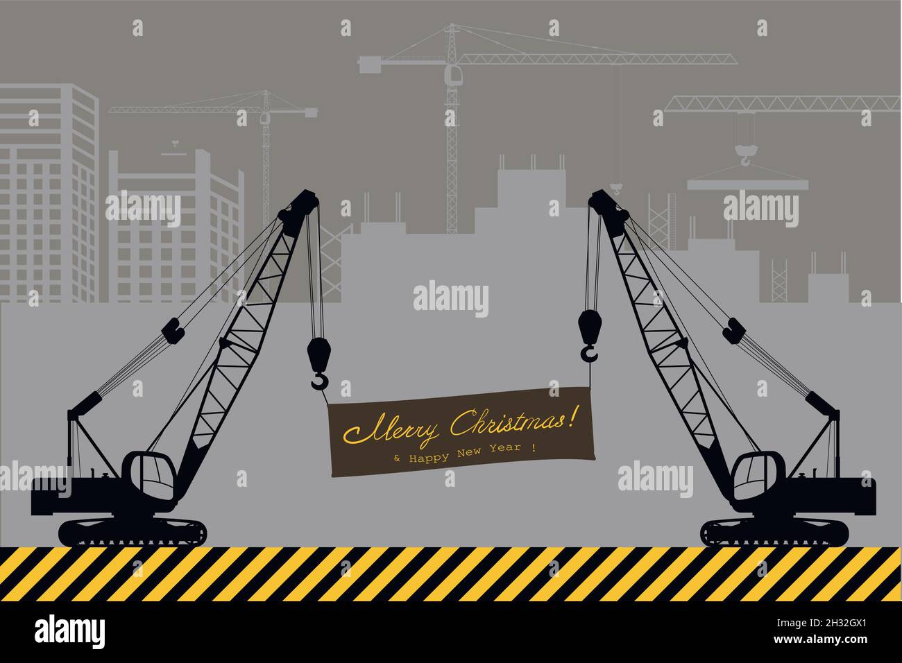 New Year card. Construction cranes are holding a banner with ...