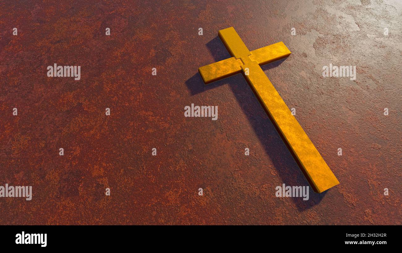 Concept or conceptual golden cross on a rusted corroded metal or steel ...