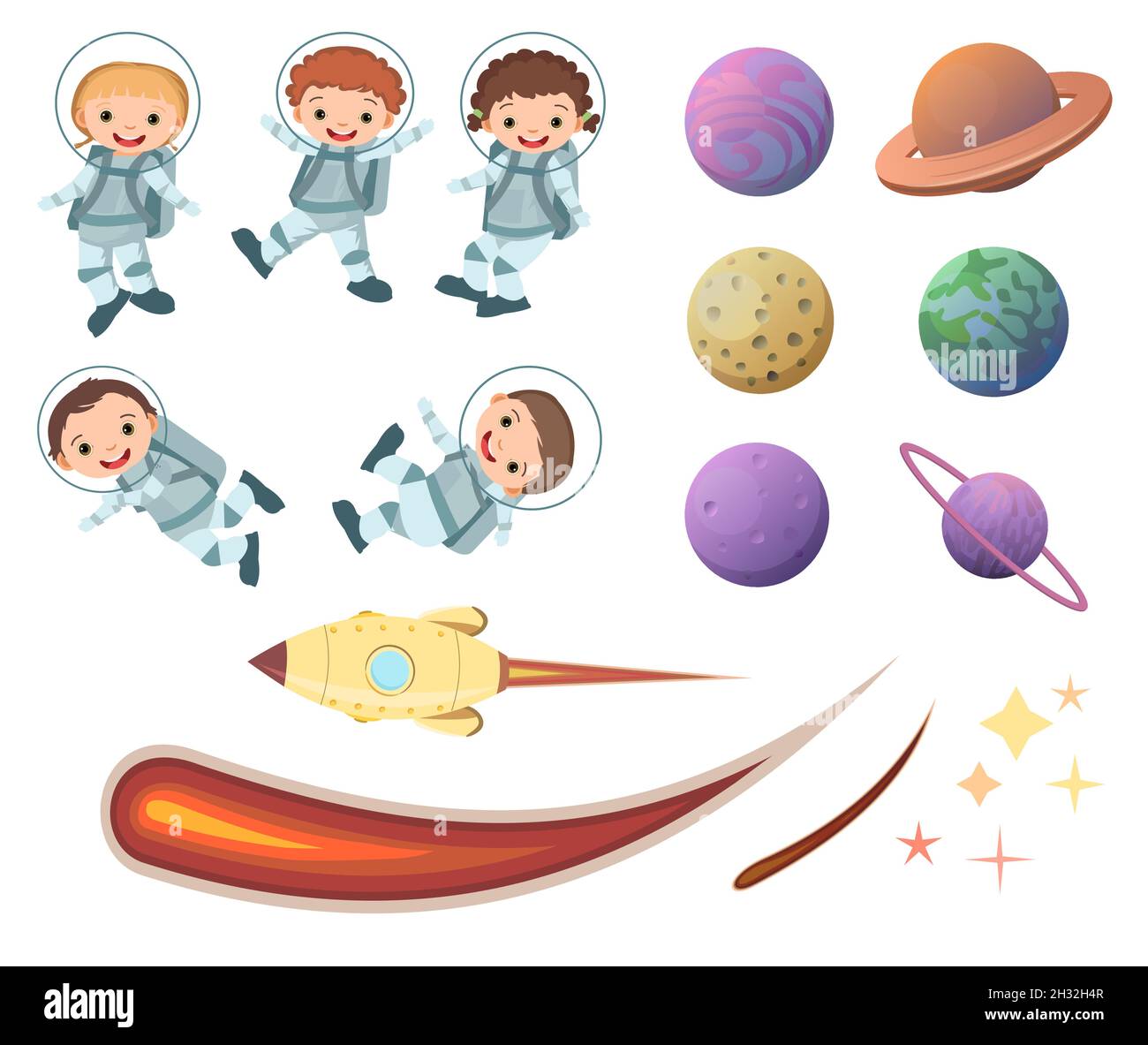 Set of space objects. Planets and astronauts children. Isolated on ...
