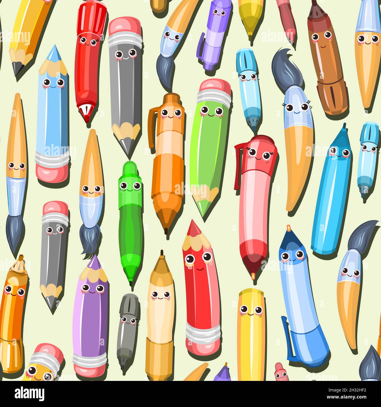 Ballpoint and gel pens. Seamless pattern. Cheerful characters with a ...
