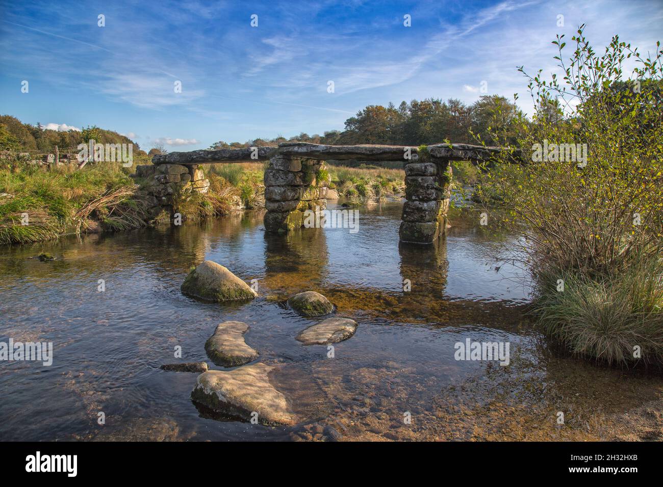 Postbridge medieval clap horse bridge, over the East Dart River ...