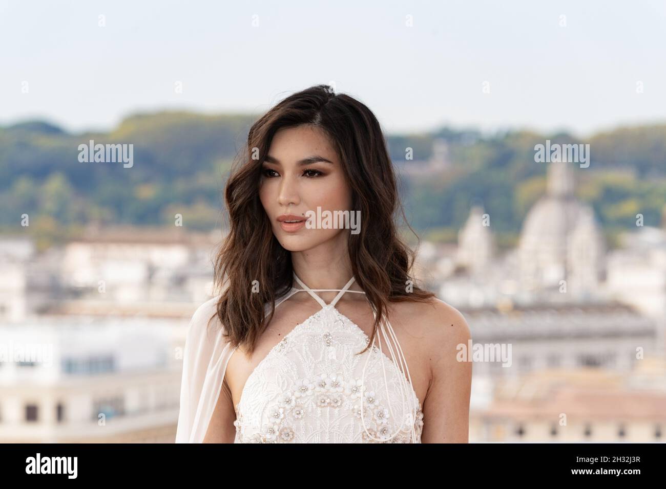Rome, Italy - October 25, 2021: Gemma Chan, dress Valentino, attends ...