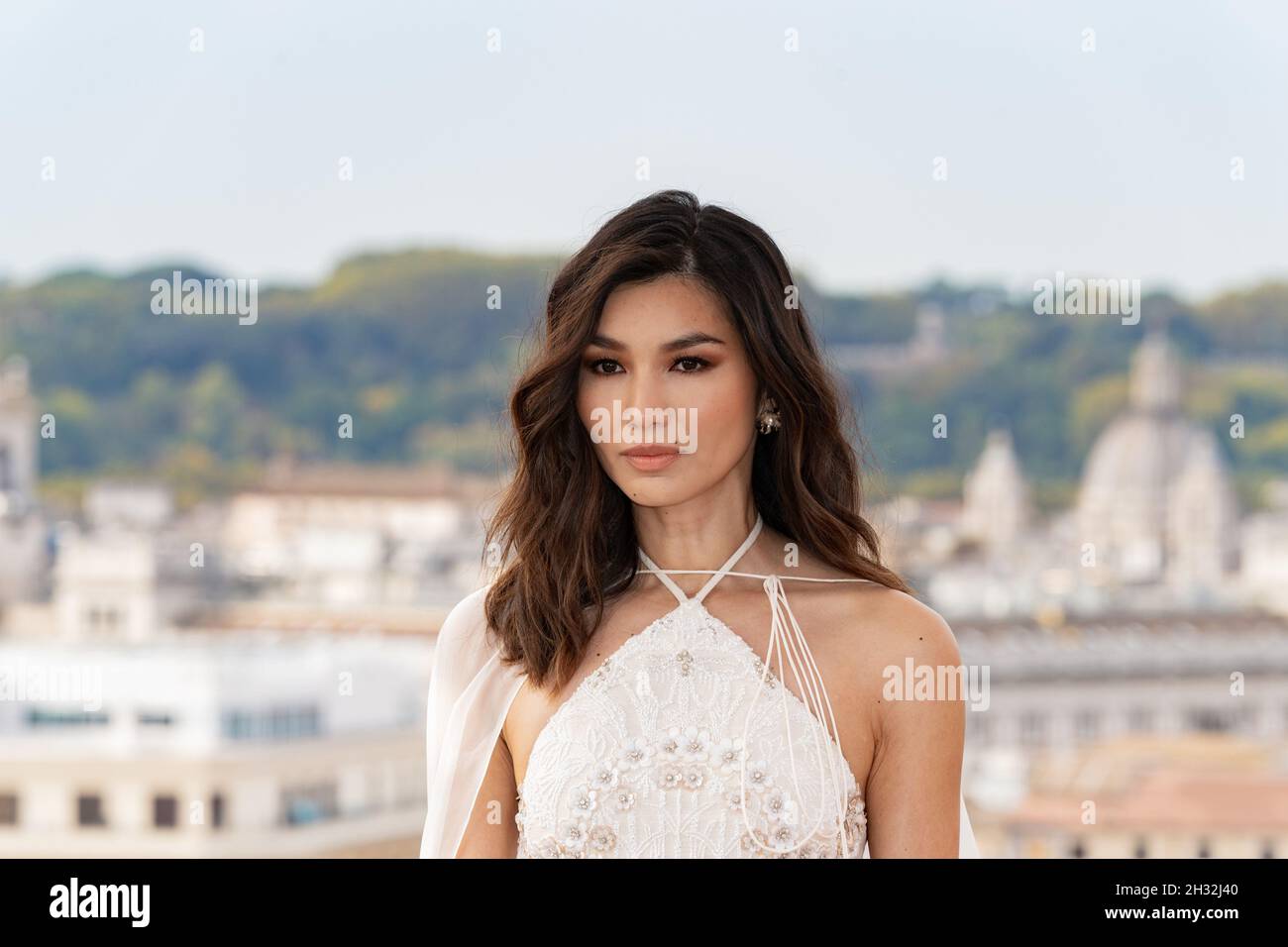 Rome, Italy - October 25, 2021: Gemma Chan, dress Valentino, attends ...