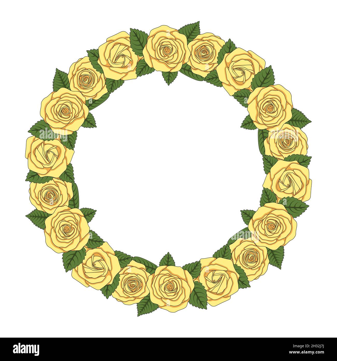 Colored illustration of a round wreath of yellow roses. Isolated vector ...