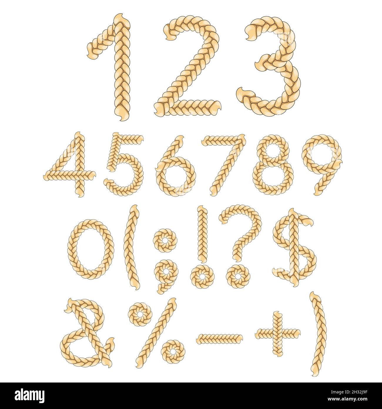 Numbers and signs of braids. Isolated vector objects on white ...
