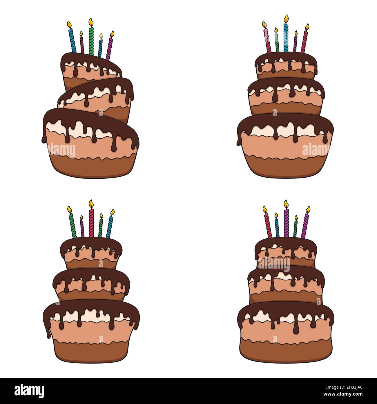 Set of color illustrations with a chocolate cake. Isolated vector ...