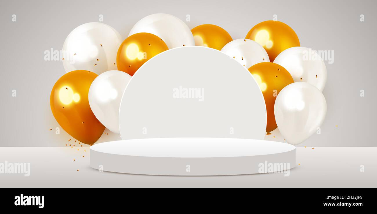 Scene podium with golden balloons. Product presentation, mock up ...