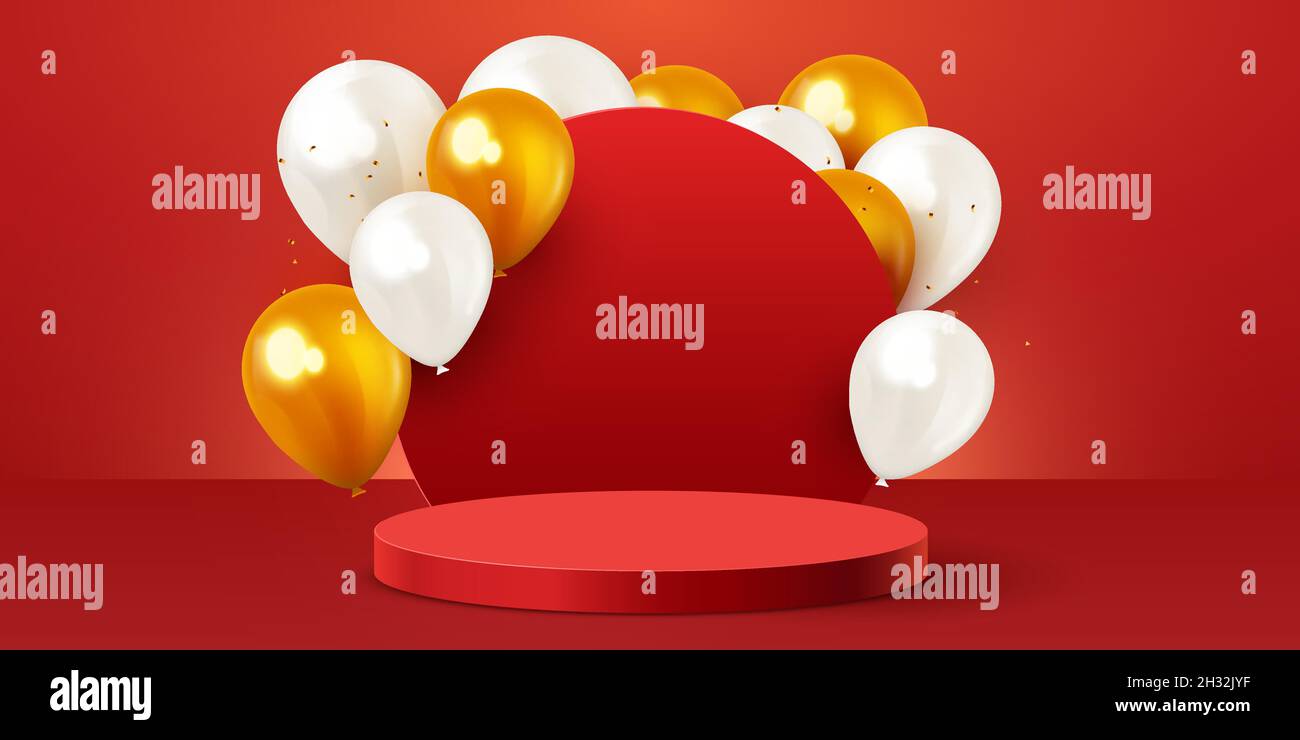 Scene podium with golden balloons. Product presentation, mock up ...