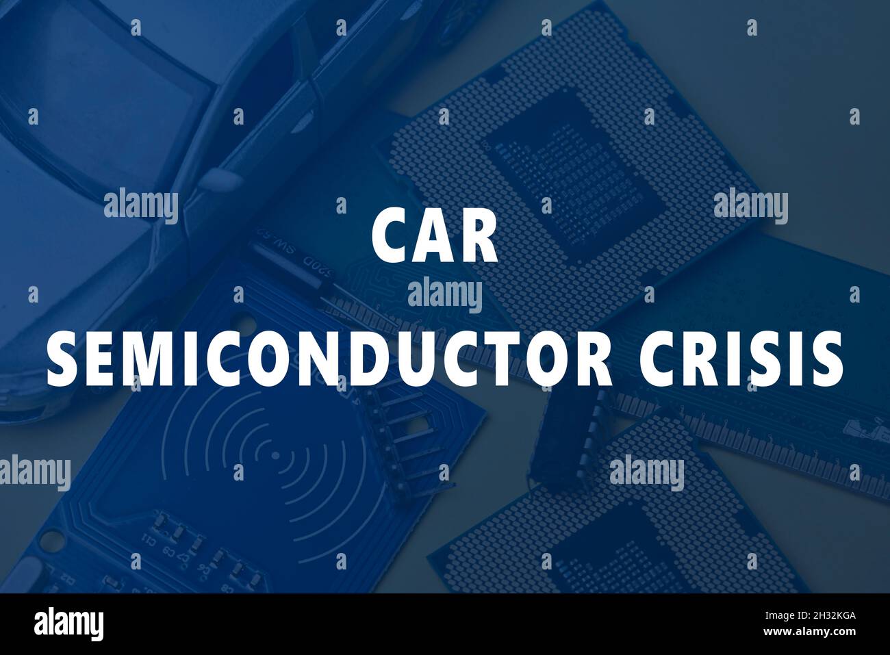 CPU chip and semiconductors with car toy. Global car chip shortage ...