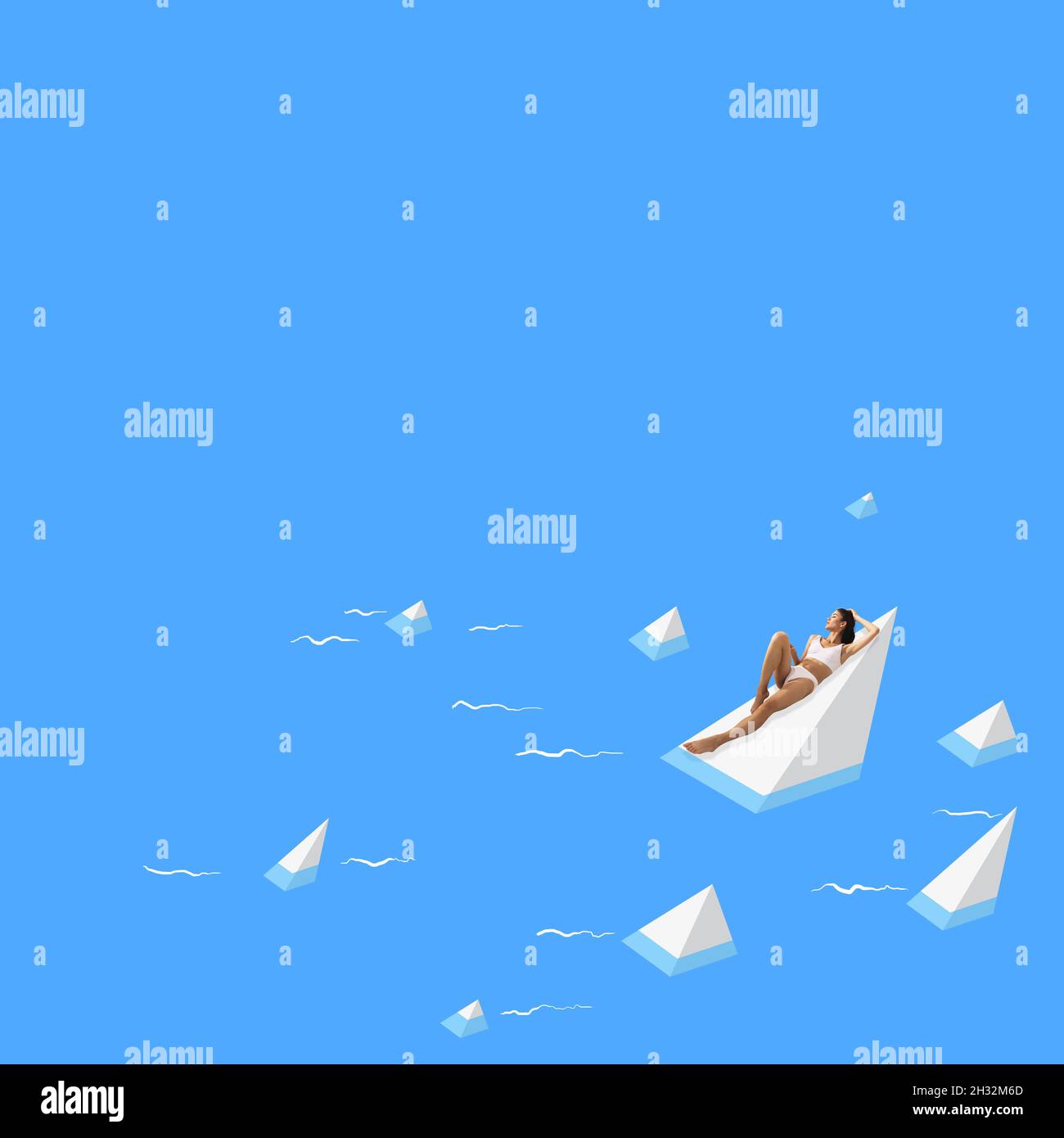 Contemporary art collage of young woman, lying on white drawn iceberg ...