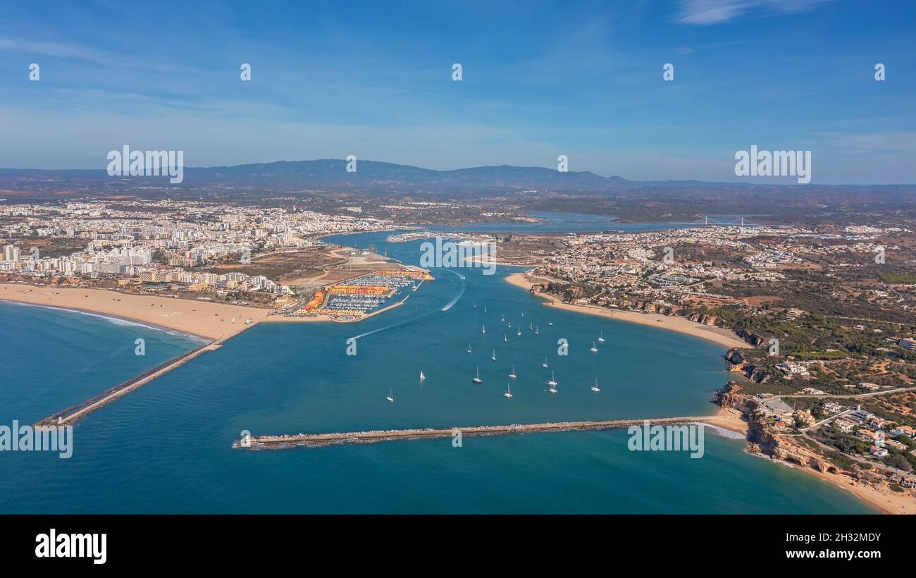 Aerial view of the panorama of the sea bay of Portimao, marinas with ...