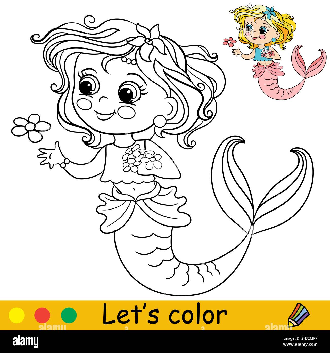 Cute cartoon mermaid with flowers. Coloring page and colorful template ...