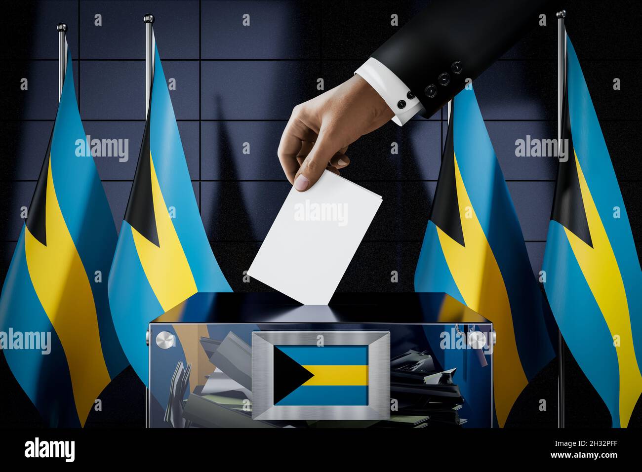 Bahamas flags, hand dropping ballot card into a box - voting, election ...