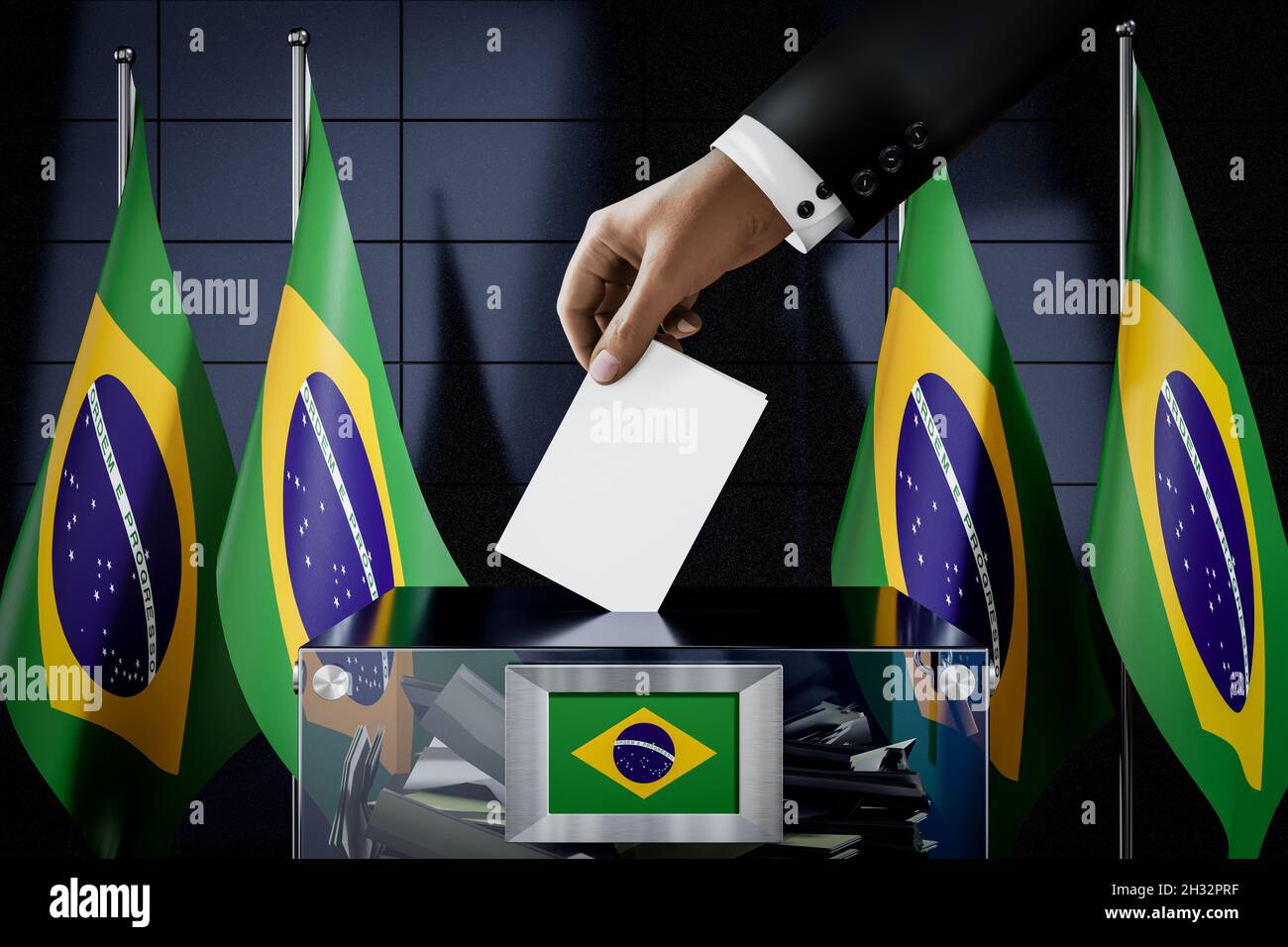 Brazil flags, hand dropping ballot card into a box - voting, election ...
