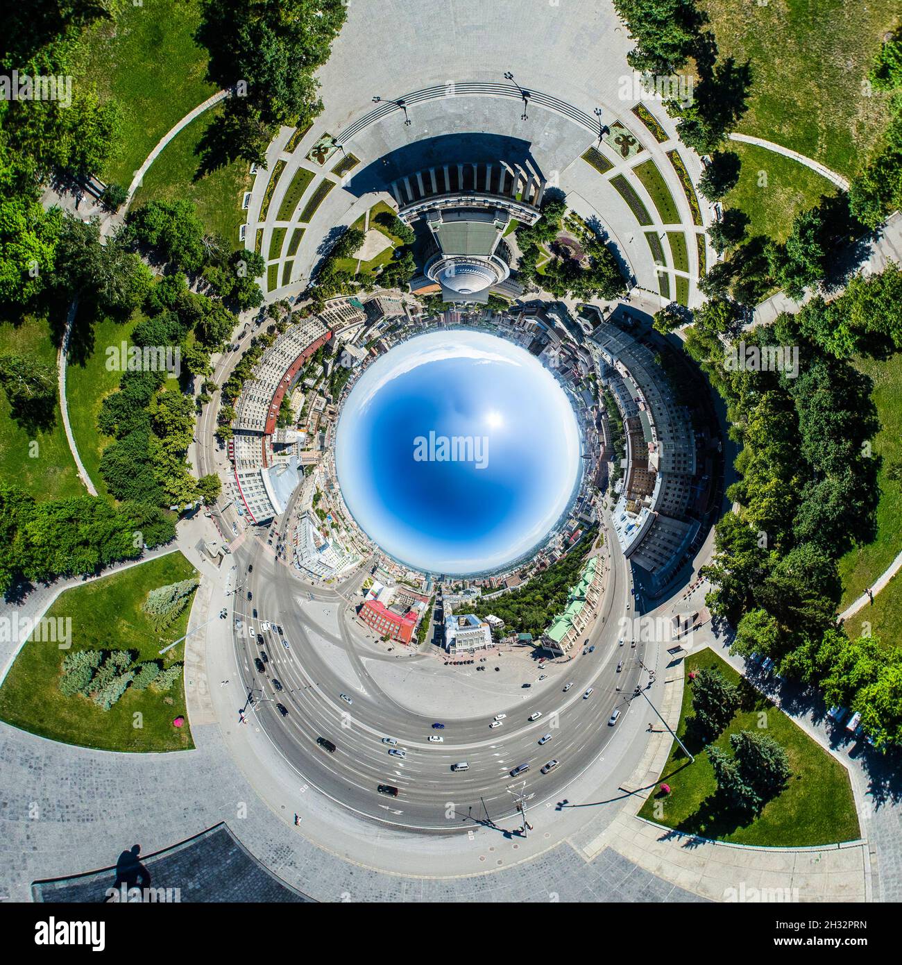 Aerial city view with crossroads, roads, houses, buildings, parks and ...