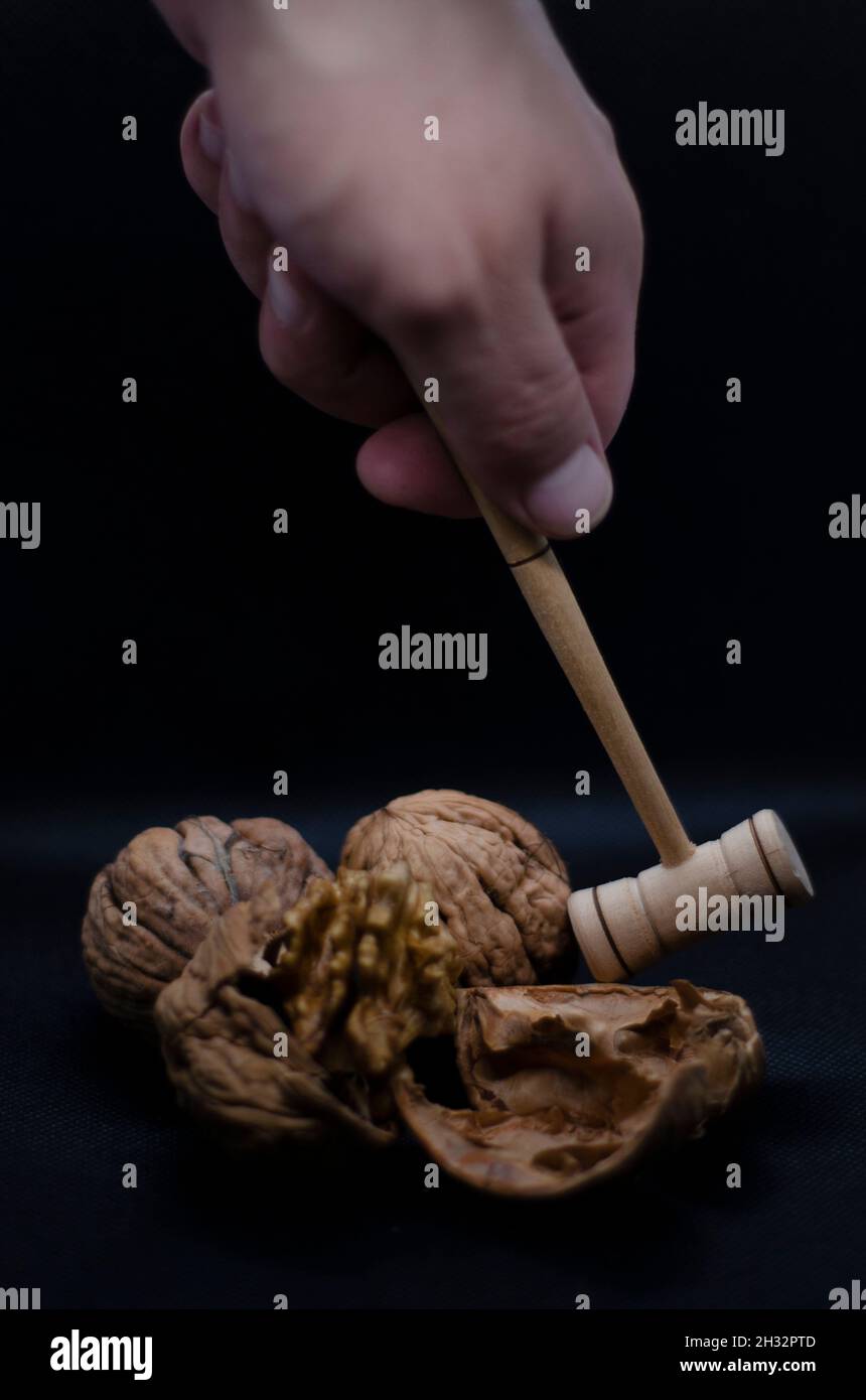a man's hand breaks a nut shell with a hammer Stock Photo - Alamy