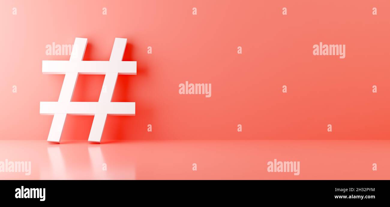 White hashtag symbol on light pink background. Social media metadata ...