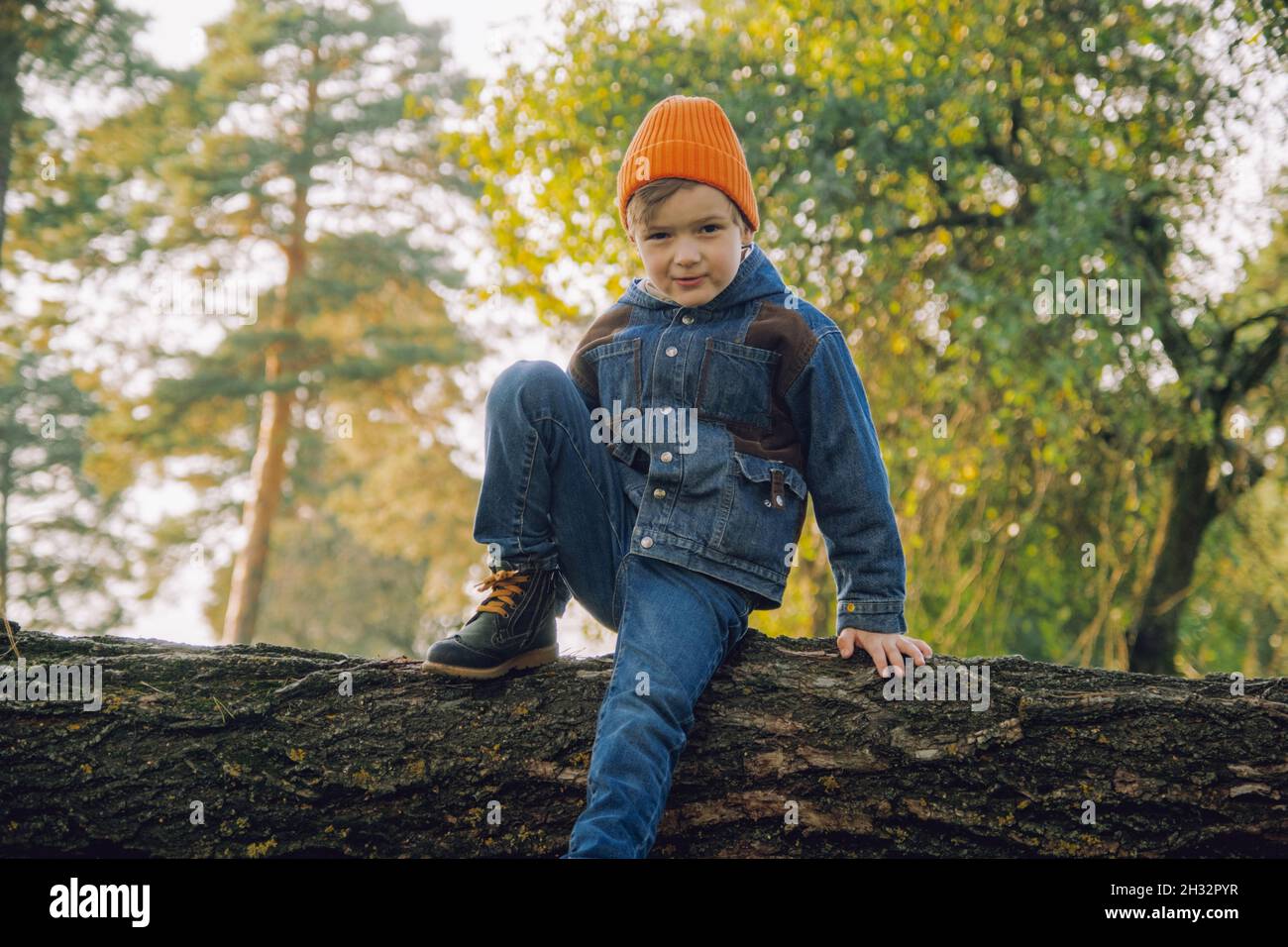 Little boy scout with spyglass during hiking in autumn forest. Child is ...