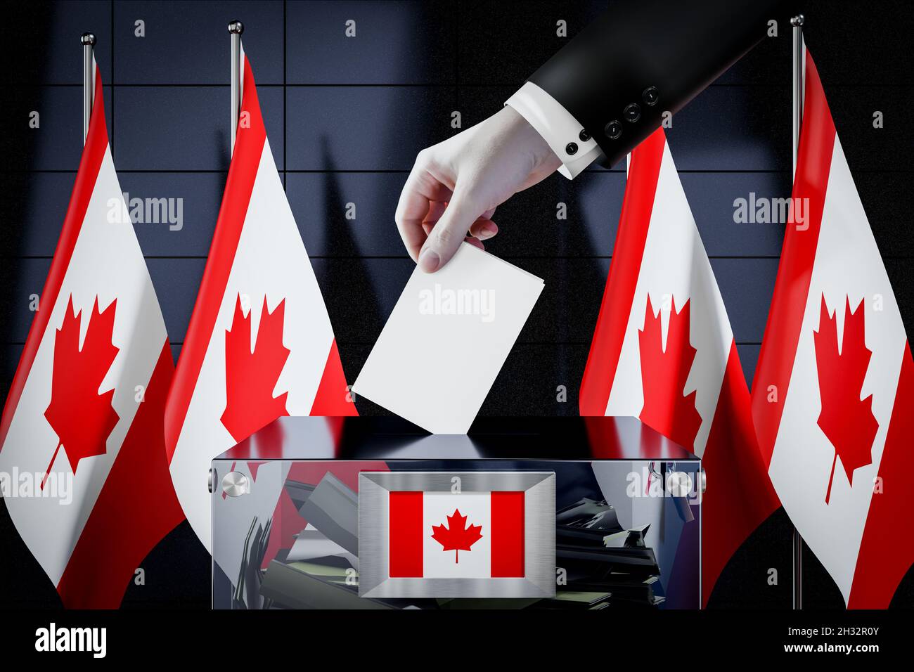 Canada flags, hand dropping ballot card into a box - voting, election ...