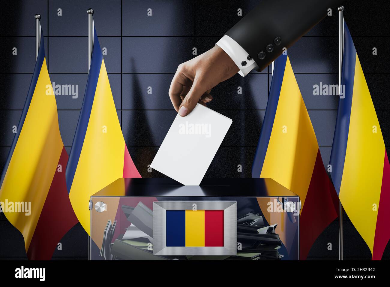 Chad flags, hand dropping ballot card into a box - voting, election ...