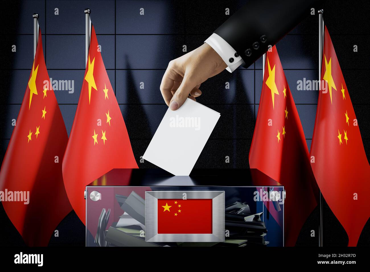 People Republic of China flags, hand dropping ballot card into a box ...