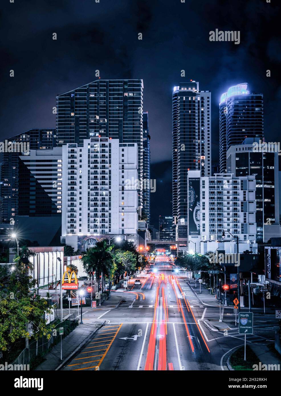 miami street traffic night skyscrapers Stock Photo - Alamy