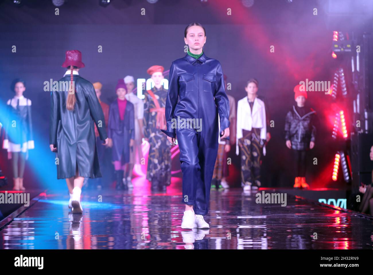 KYIV, UKRAINE - OCTOBER 23, 2021 - A model is pictured on the catwalk ...