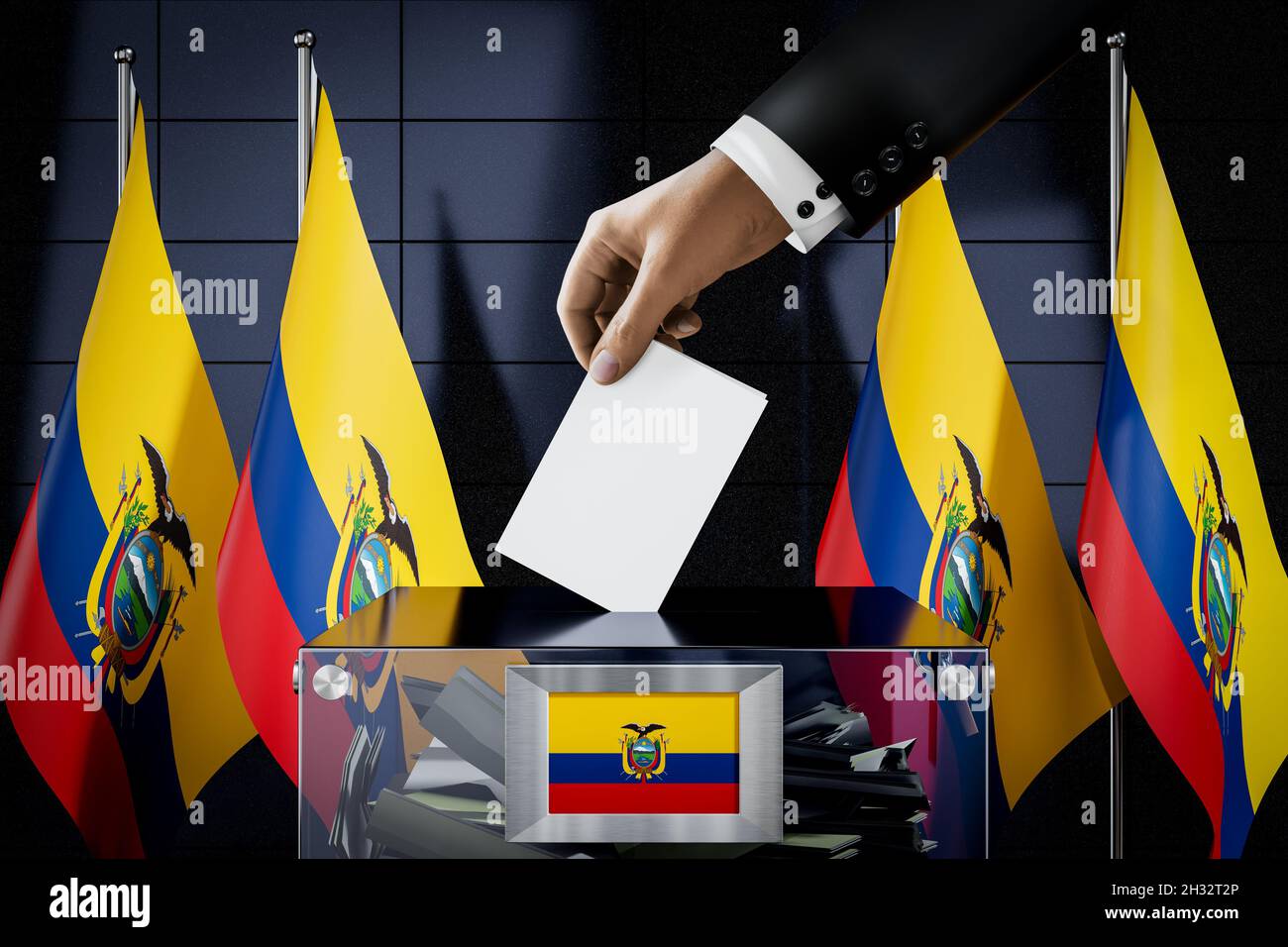 Equador flags, hand dropping ballot card into a box - voting, election ...
