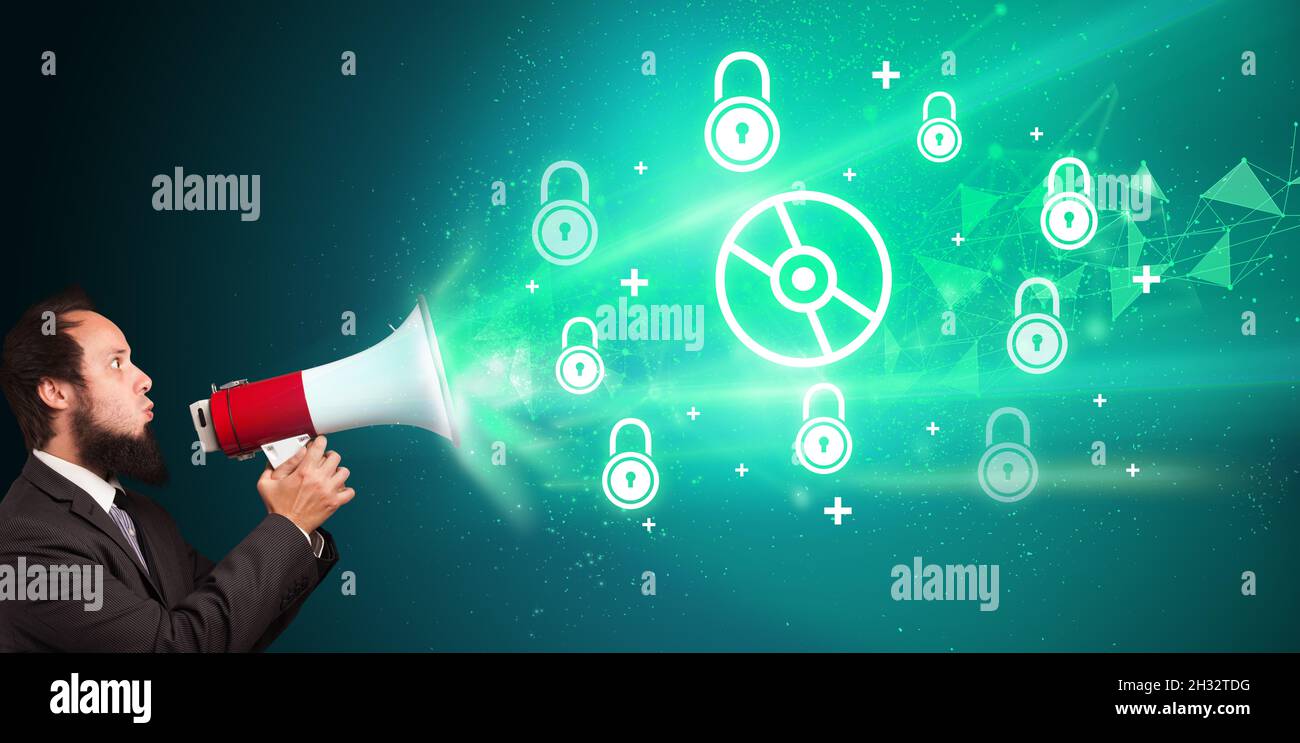 Young person with megaphone and technology related icon Stock Photo - Alamy
