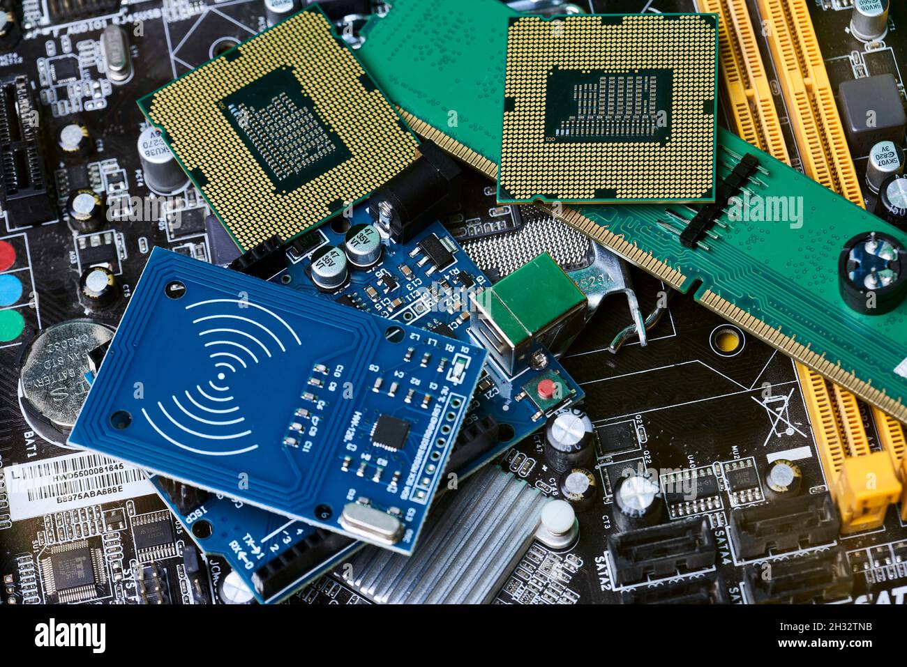 CPU chip and semiconductors with car toy. Global car chip shortage ...