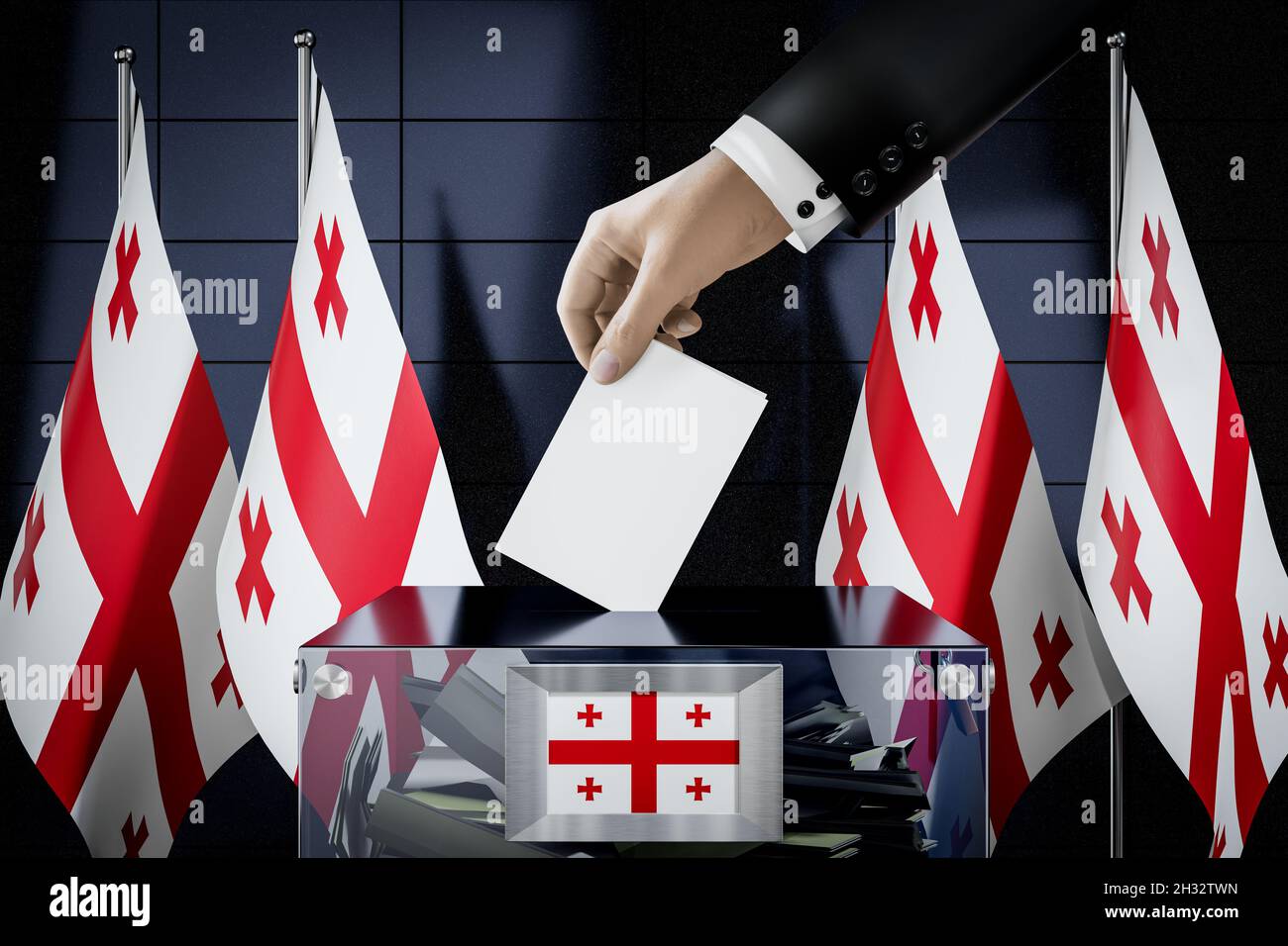 Georgia flags, hand dropping ballot card into a box - voting, election ...