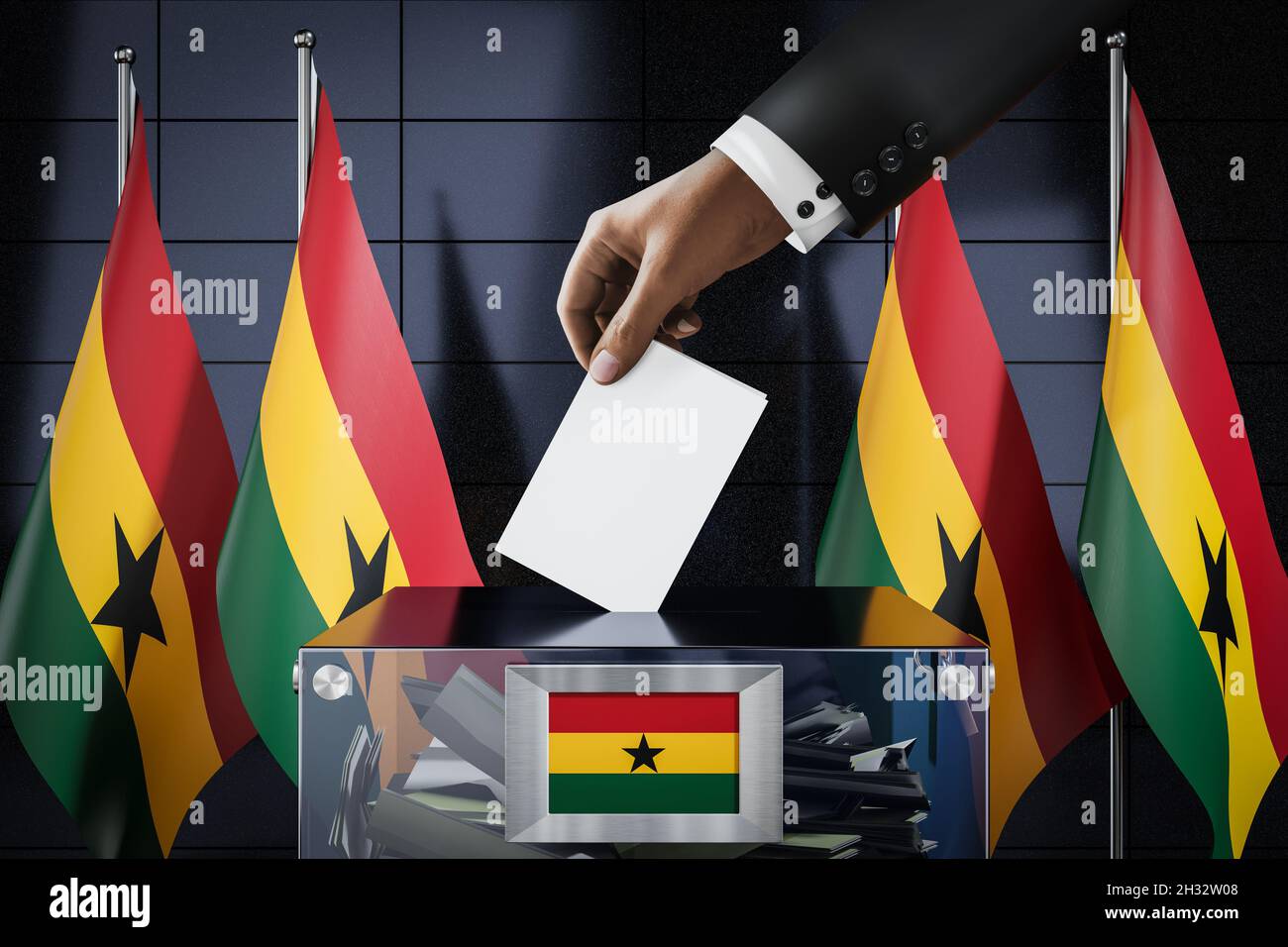Ghana flags, hand dropping ballot card into a box - voting, election ...
